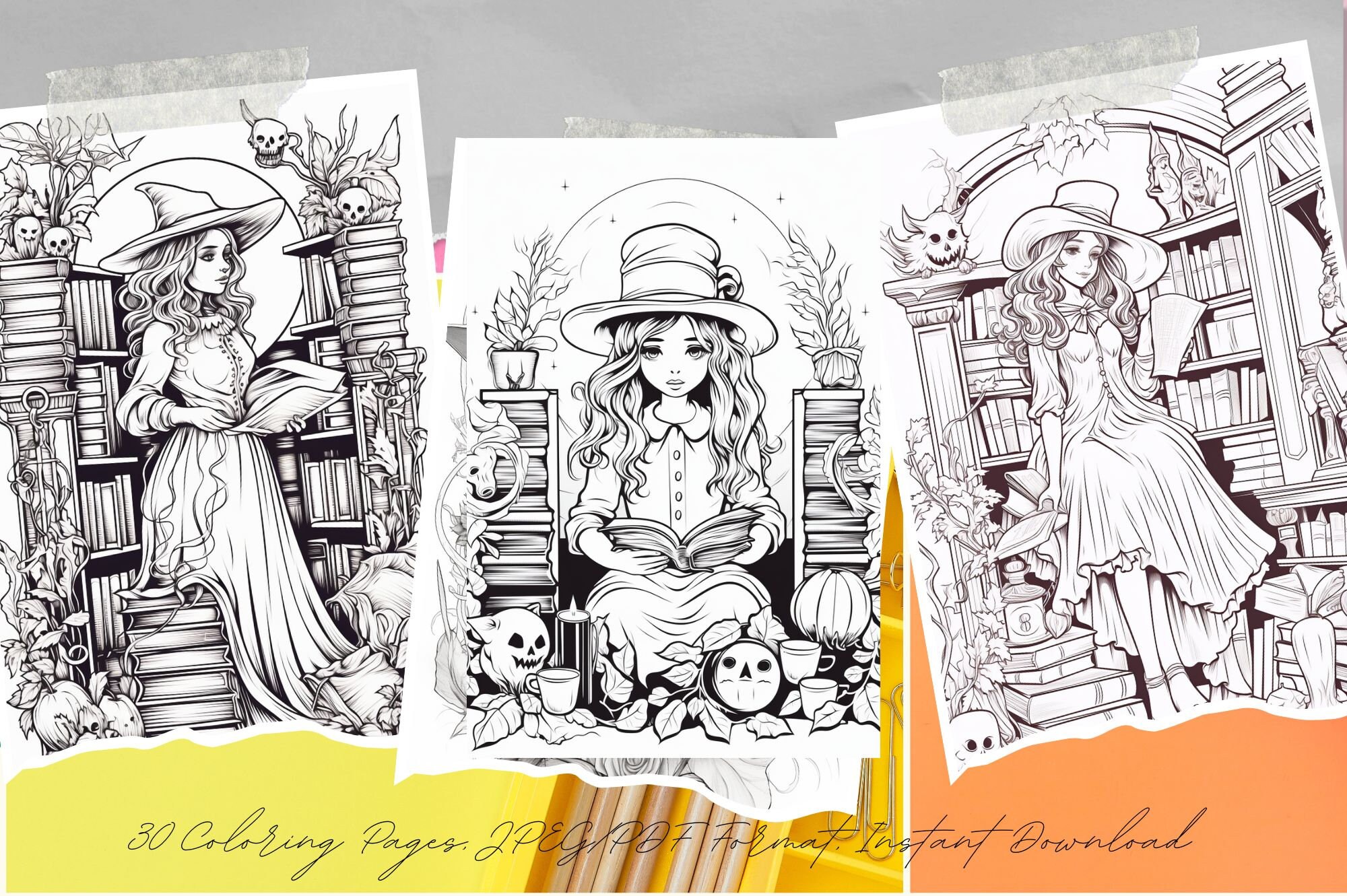 Witch Magical Libraries Fantasy Coloring Pages for Adults - Etsy