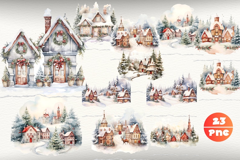 Village Watercolor Clipart Winter Christmas Village Winter - Etsy