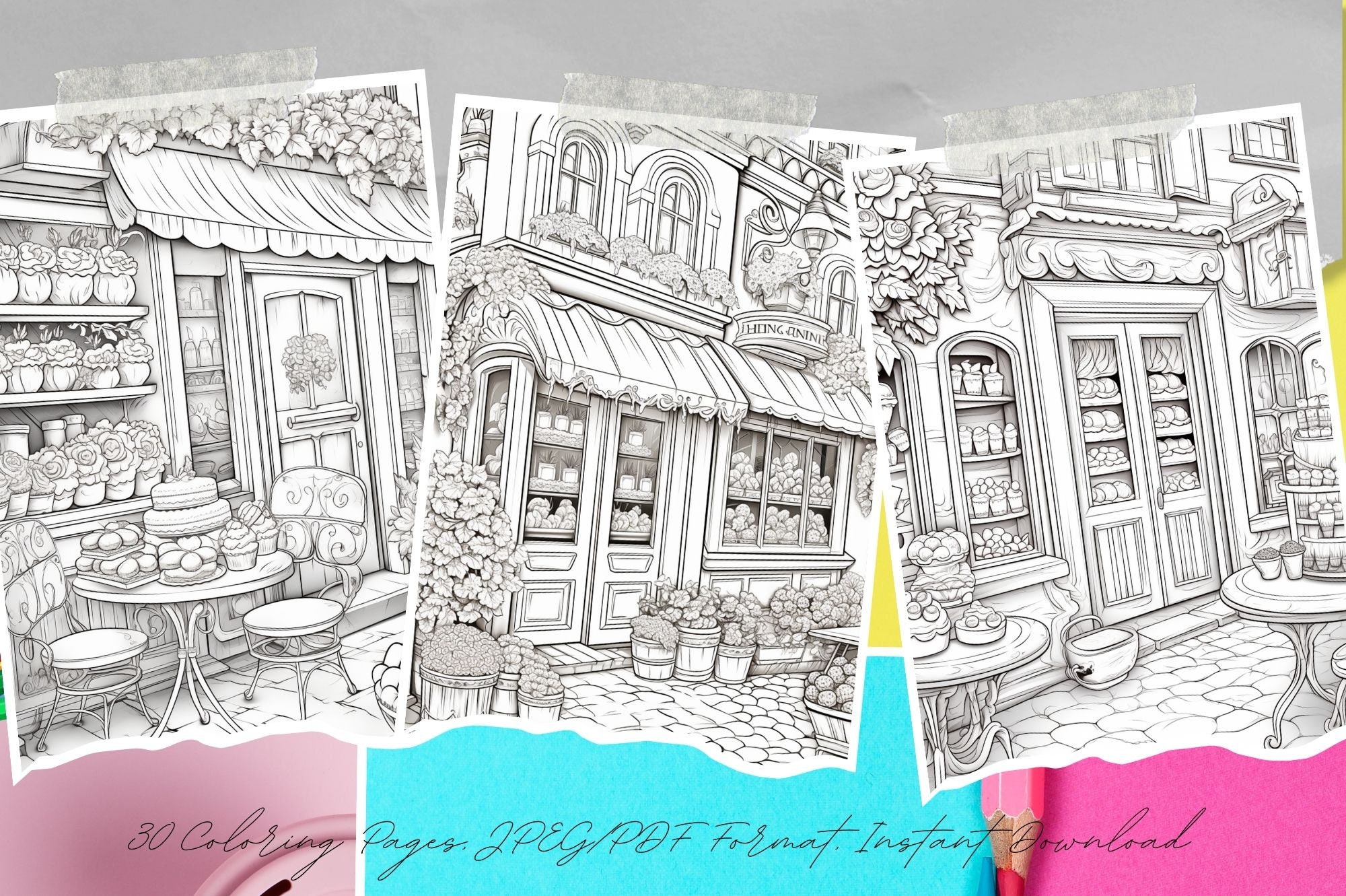 Vintage Bakery Shop Coloring Pages, French Patisserie Pastry Coloring ...