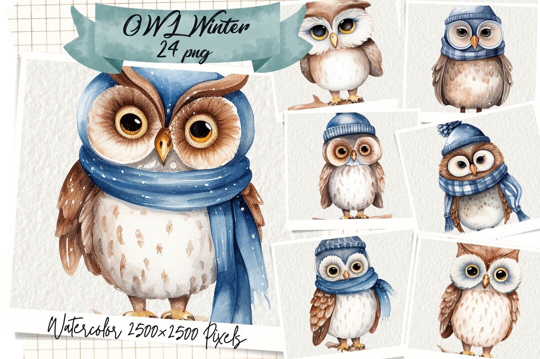 Owl Winter Watercolor Clipart, Christmas Animals, Cute Baby Owl ...