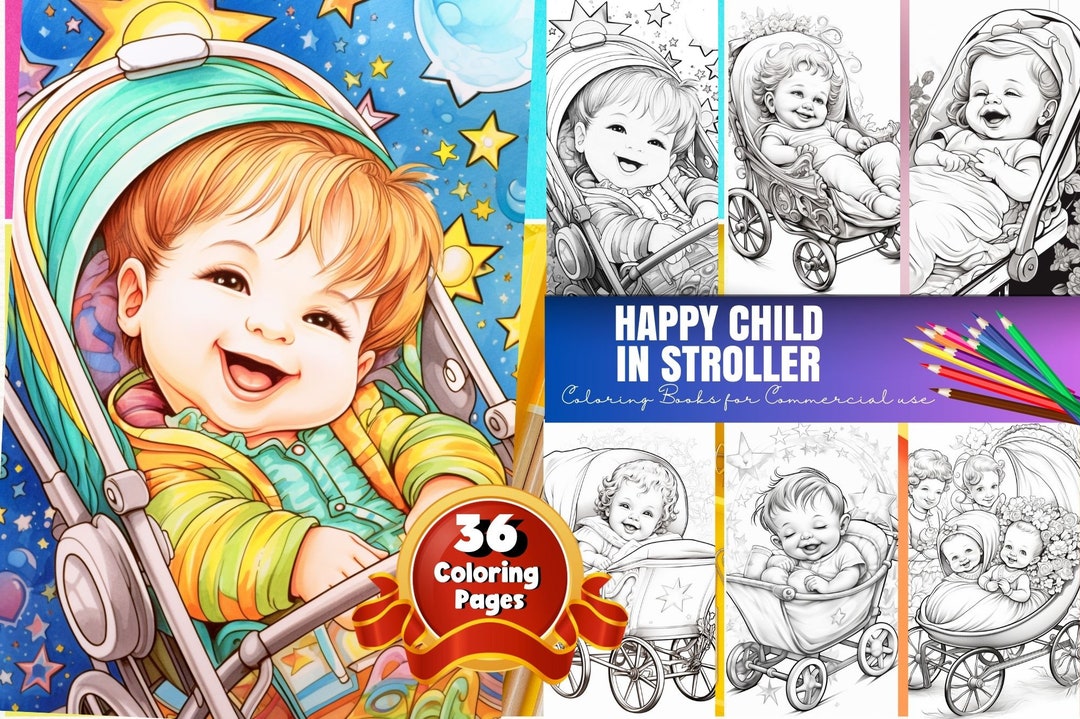 Happy Baby in Stroller Coloring Pages, Adorable Cute Babies With Hats ...