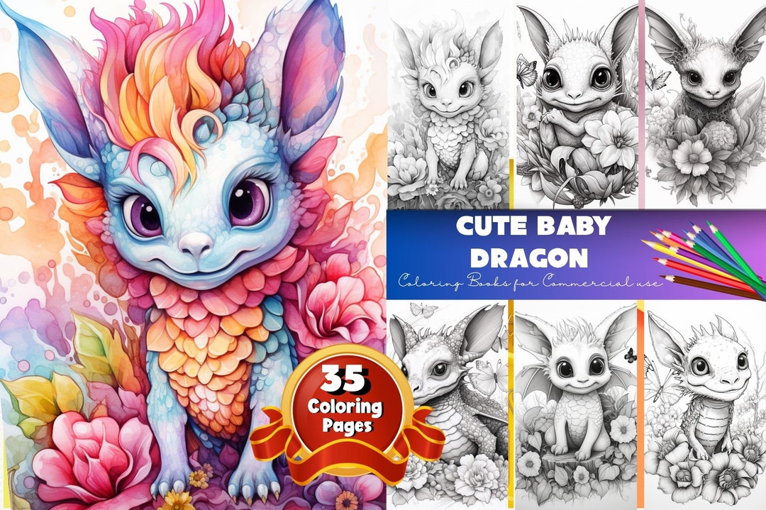Cute Dragon Fantasy Coloring Page, Adults and Kids, Baby Dragon ...