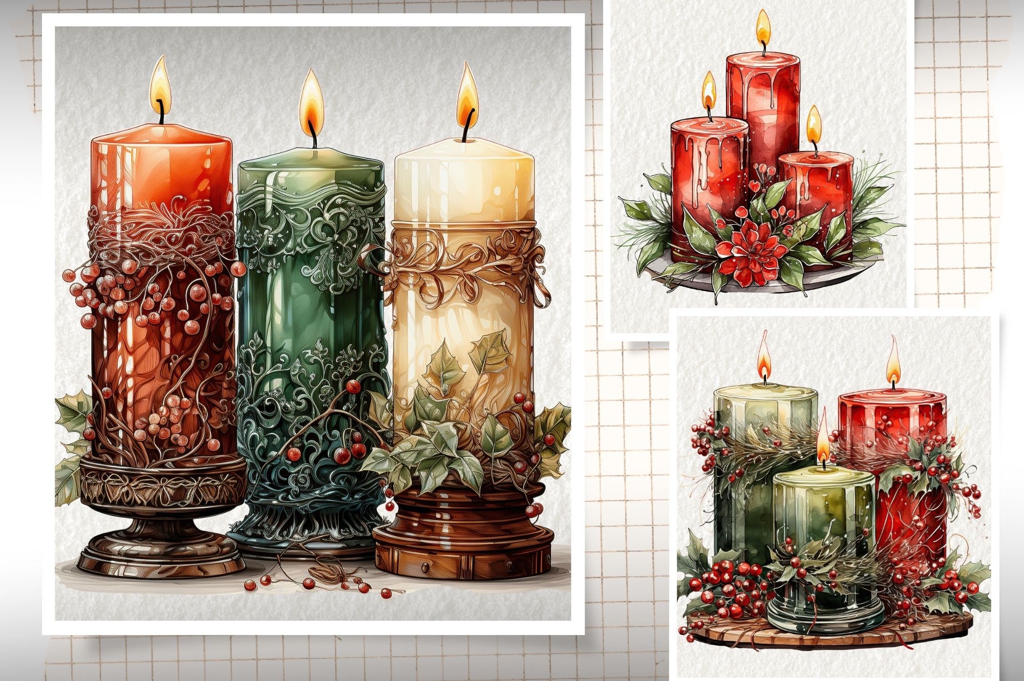 Christmas Candle Watercolor Clipart, Christmas Candle Clipart, Ornate ...