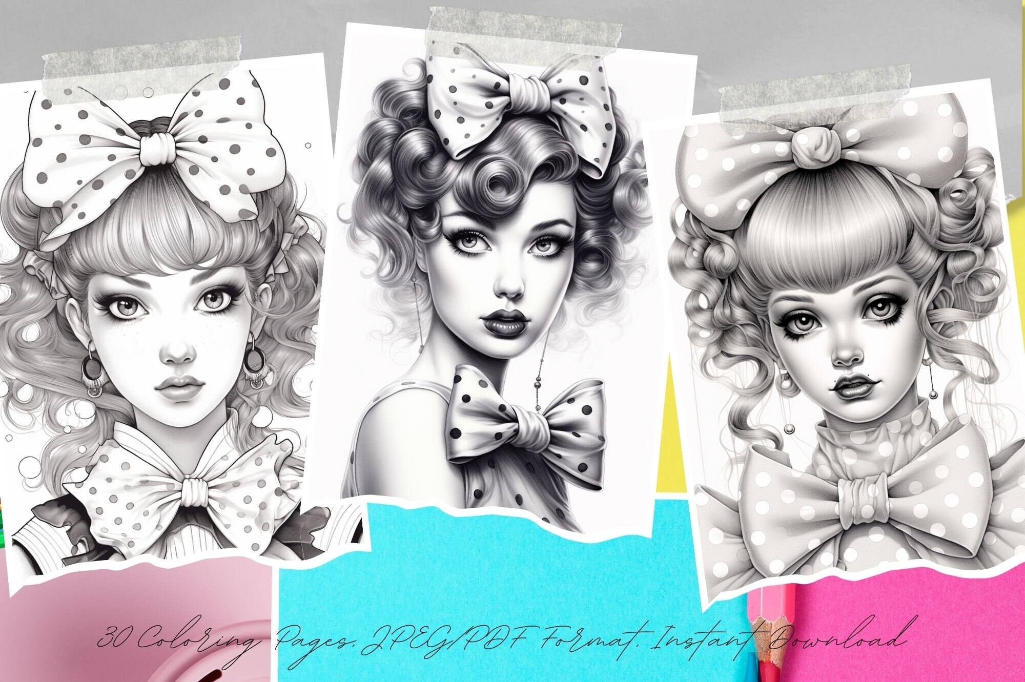 Girl and Bow Coloring Pages, Bow Girl Grayscale Adults/kids Coloring ...