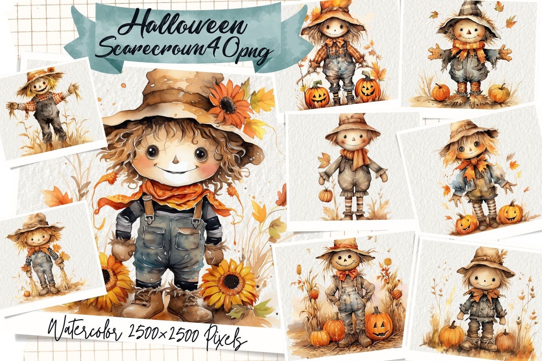 Scarecrow Clipart, Watercolor Scarecrow Clipart Bundle, Halloween ...