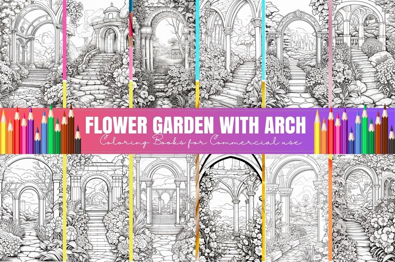 Flowers Garden With Arch Coloring Book, Adults Kids Instant Download ...