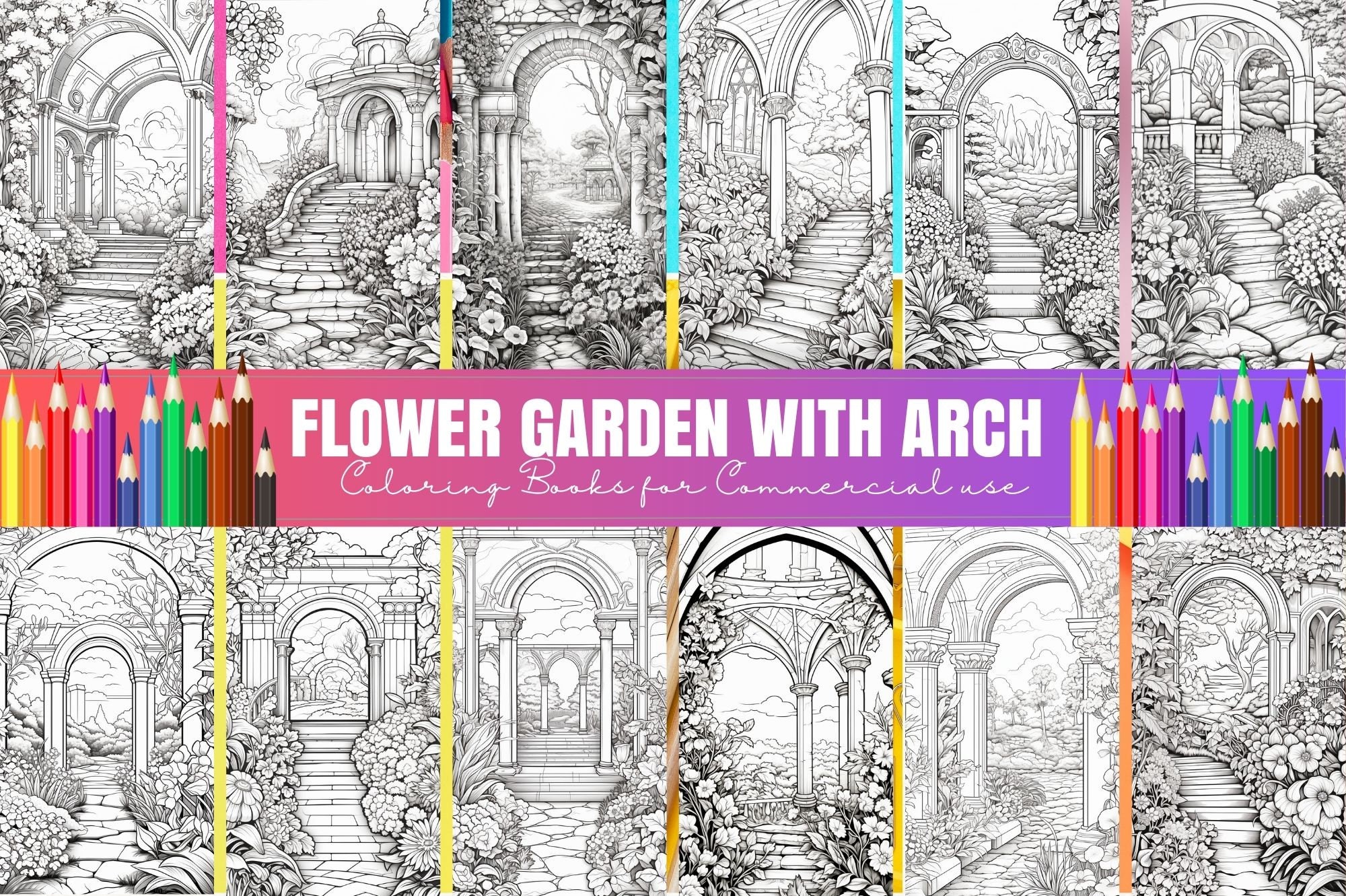 Flowers Garden With Arch Coloring Book, Adults Kids Instant Download ...