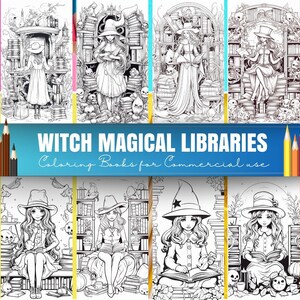 Witch Magical Libraries Fantasy Coloring Pages for Adults, Witch ...