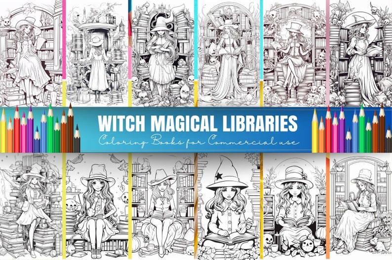Witch Magical Libraries Fantasy Coloring Pages for Adults - Etsy