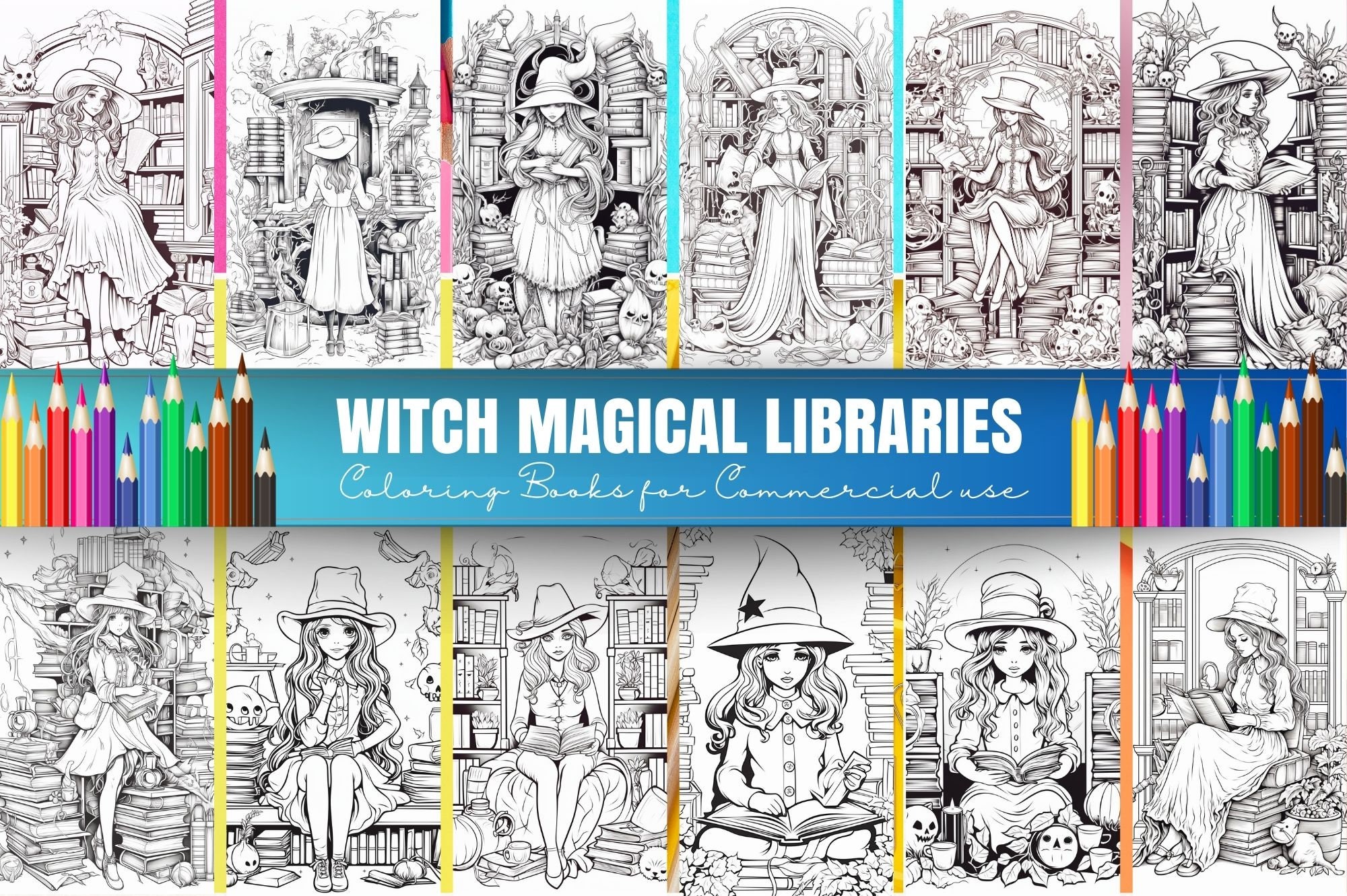 Witch Magical Libraries Fantasy Coloring Pages for Adults - Etsy