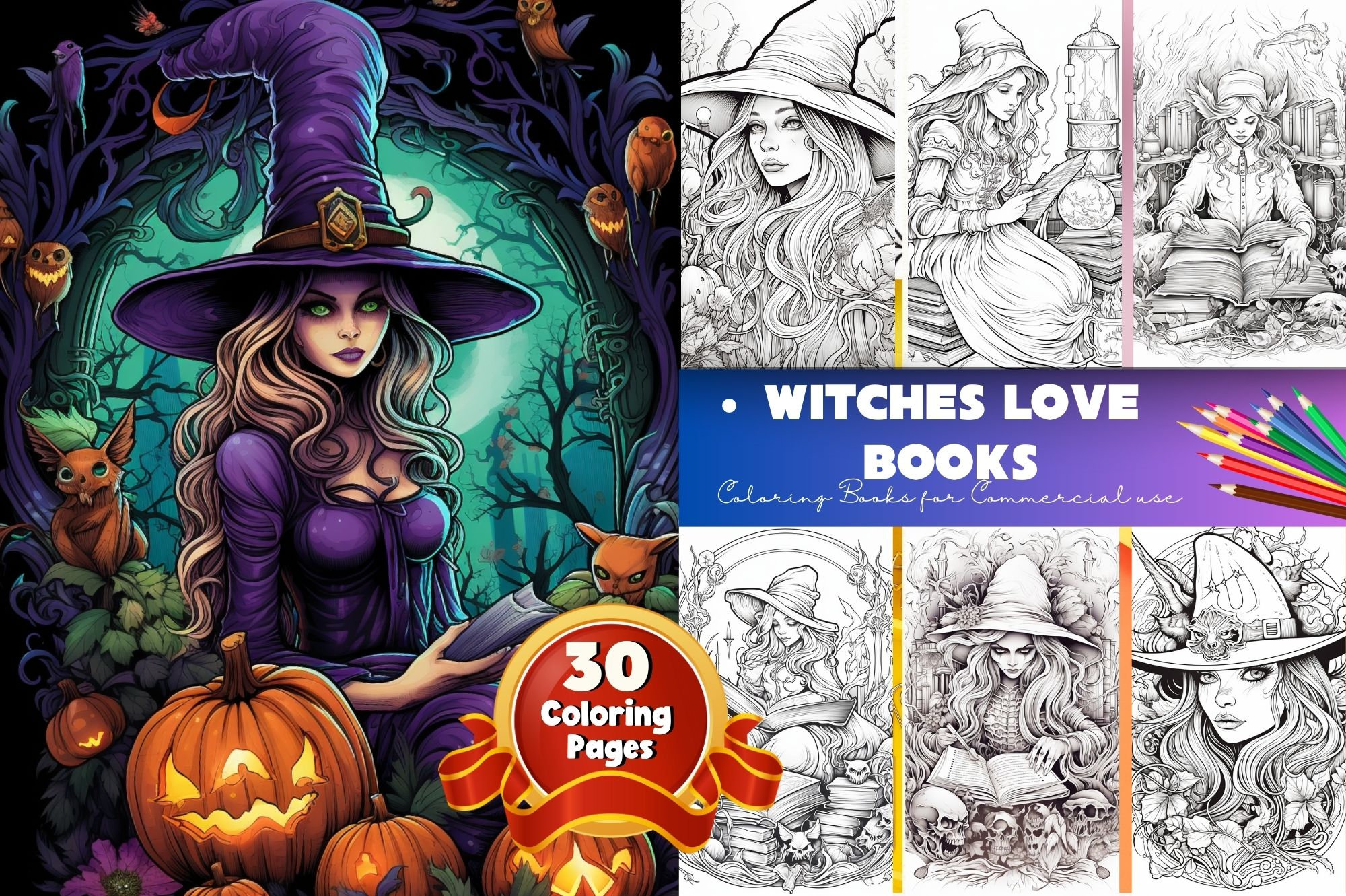 Witches Love Books Coloring Page for Adults & Kids, Greyscale Coloring ...