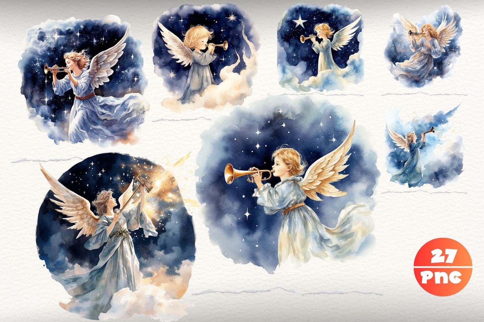 Angel in the Night Sky Blowing Trumpet Watercolor Clipart, Angelic Art ...