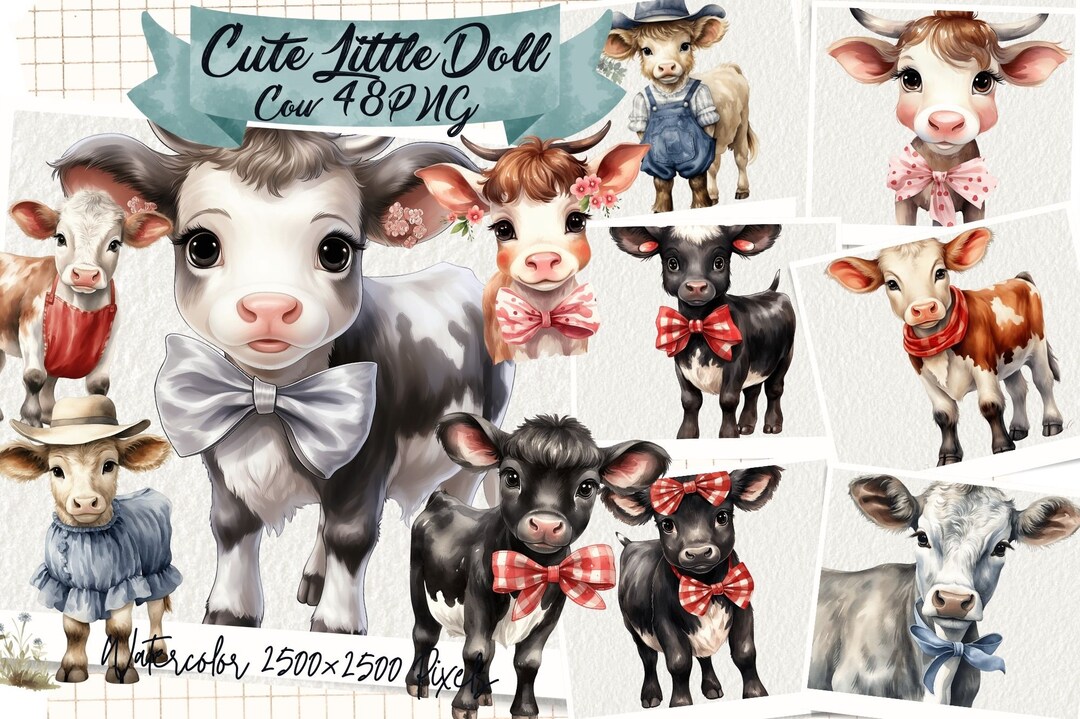 Cute Little Doll Cow Clipart Watercolor, Cow Ribbon Clipart, Cute Bow ...