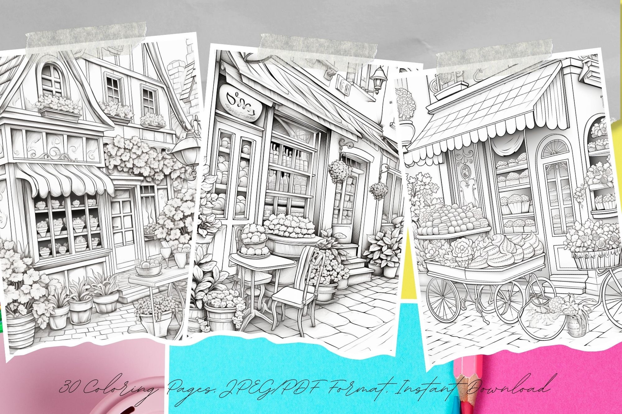 Vintage Bakery Shop Coloring Pages, French Patisserie Pastry Coloring ...