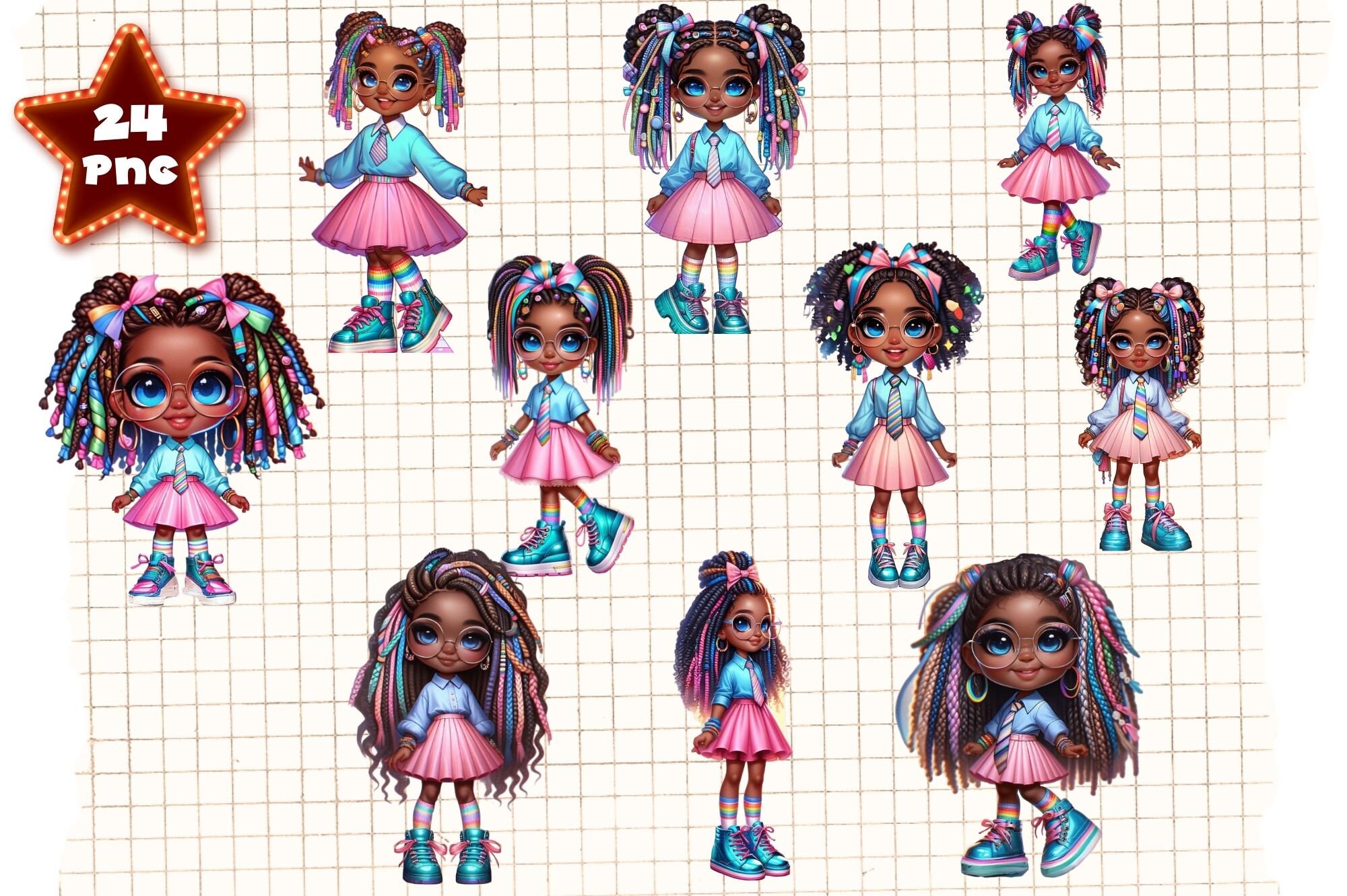 Back to School African American Black Chibi Girls Clipart, Girls ...
