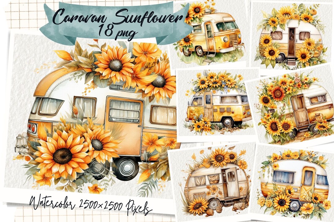 Autumn Camper Van Clipart, Sunflower Autumn Camper Van Clipart, Cozy ...