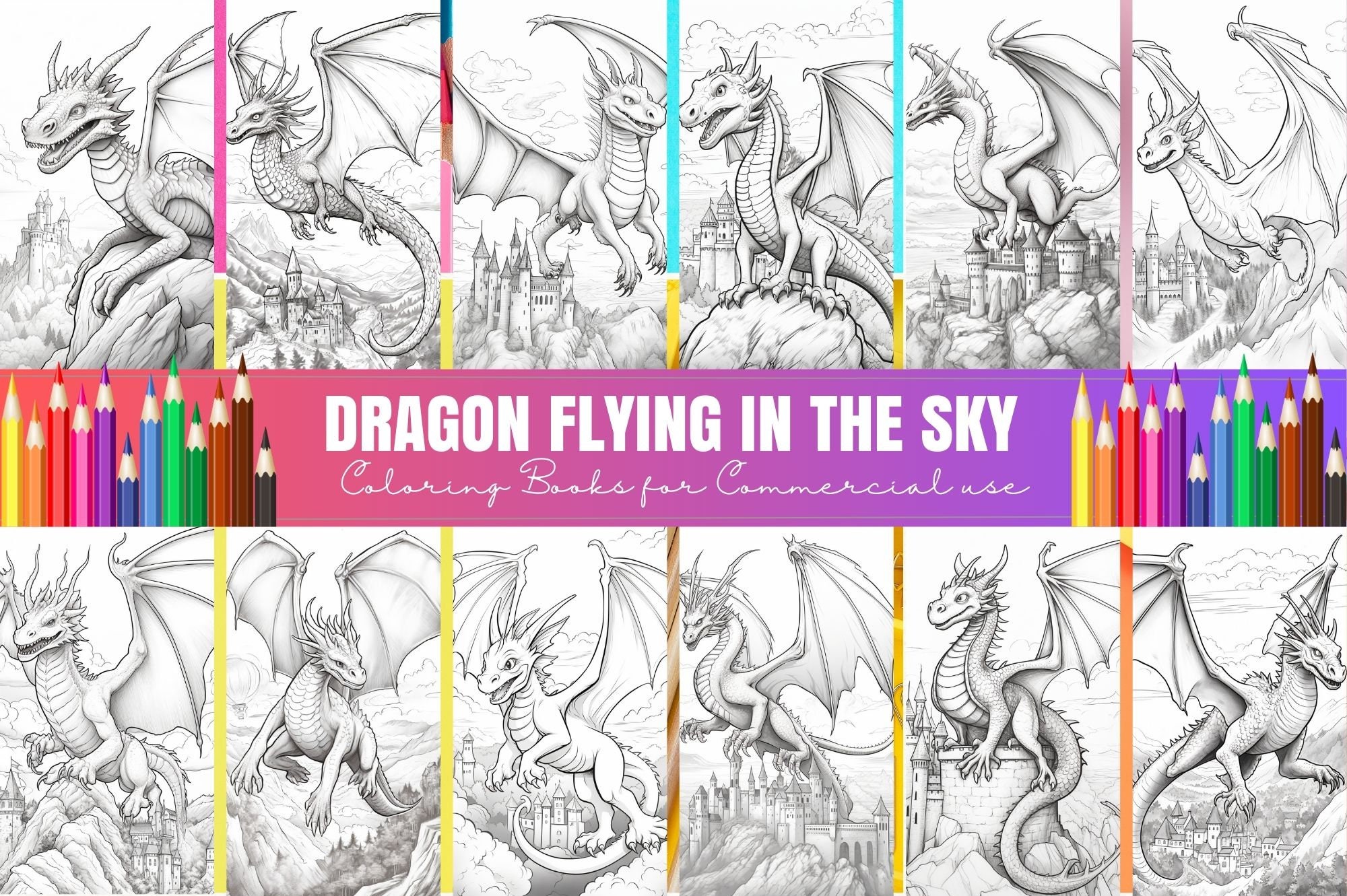 Dragon Flying in the Sky Coloring Page Book Dragon Fantasy - Etsy