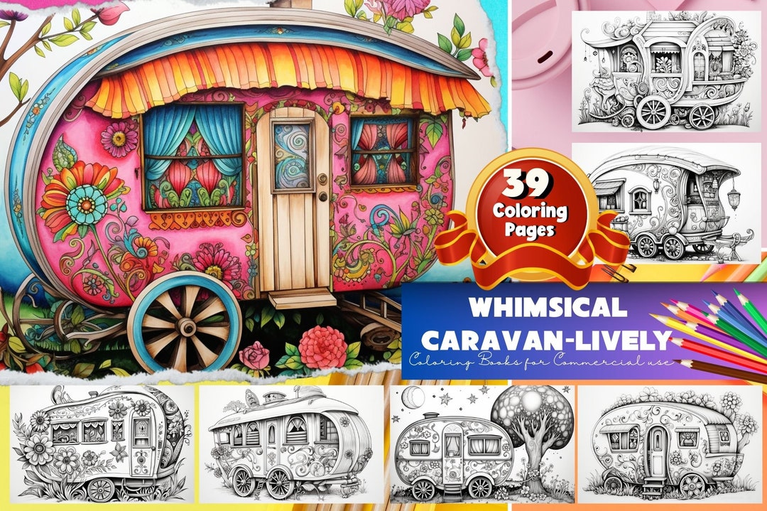 Whimsical Caravan-lively Coloring Pages, Gypsy Caravan Coloring - Adult ...
