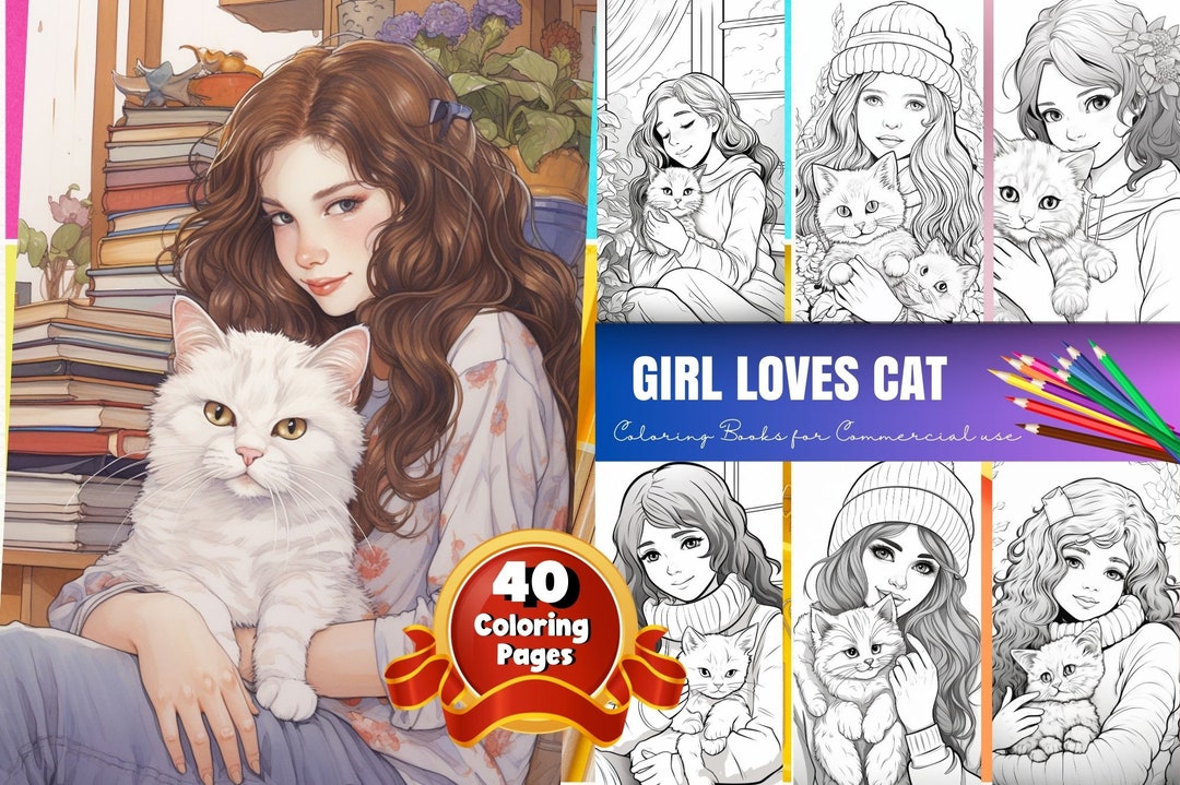 Girls Love With Cats Coloring Pages, Girls With Cats Printable ...