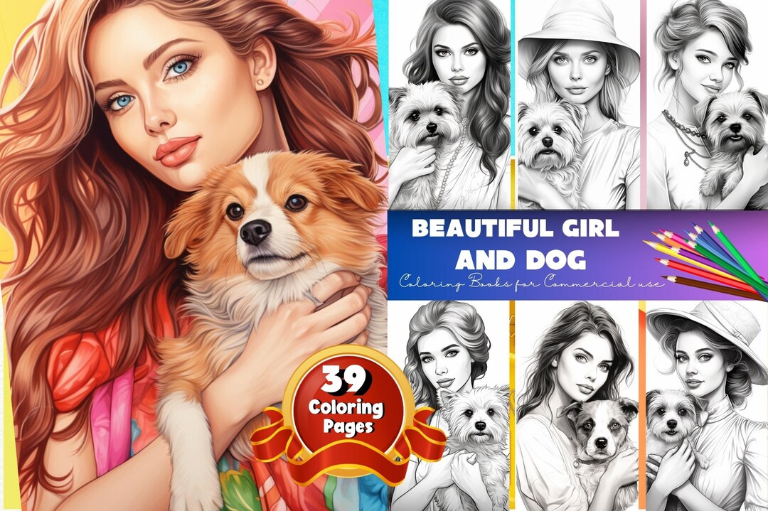 Girl With Dog Coloring Book , Puppies Grayscale Coloring Pages, Adults ...