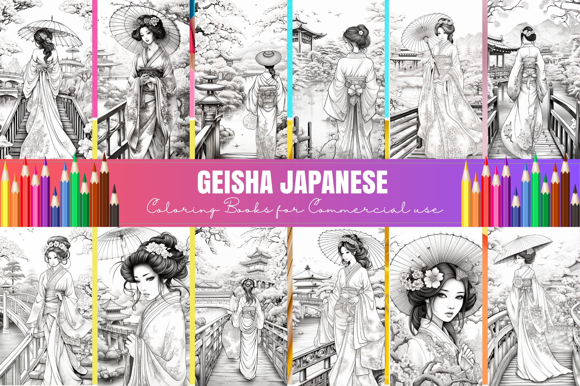 Japanese Geisha Digital Coloring Pages, Geisha Dress Coloring Book ...