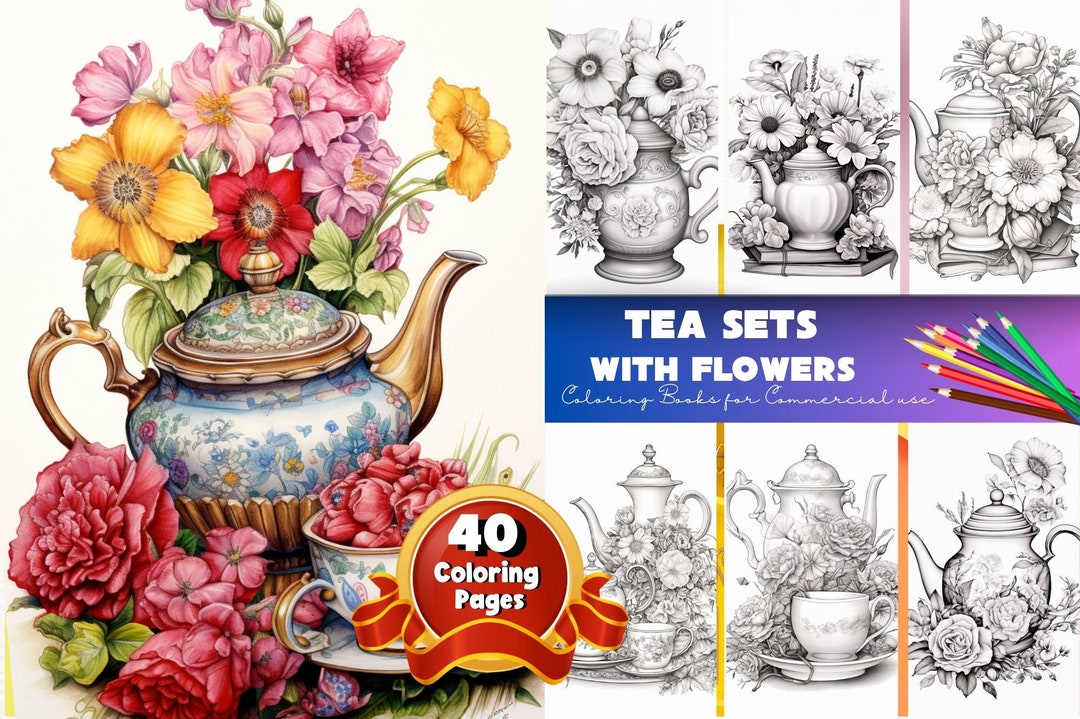 Teapot and Flower Coloring Pages, Cottagecore Flowers and Teapots ...