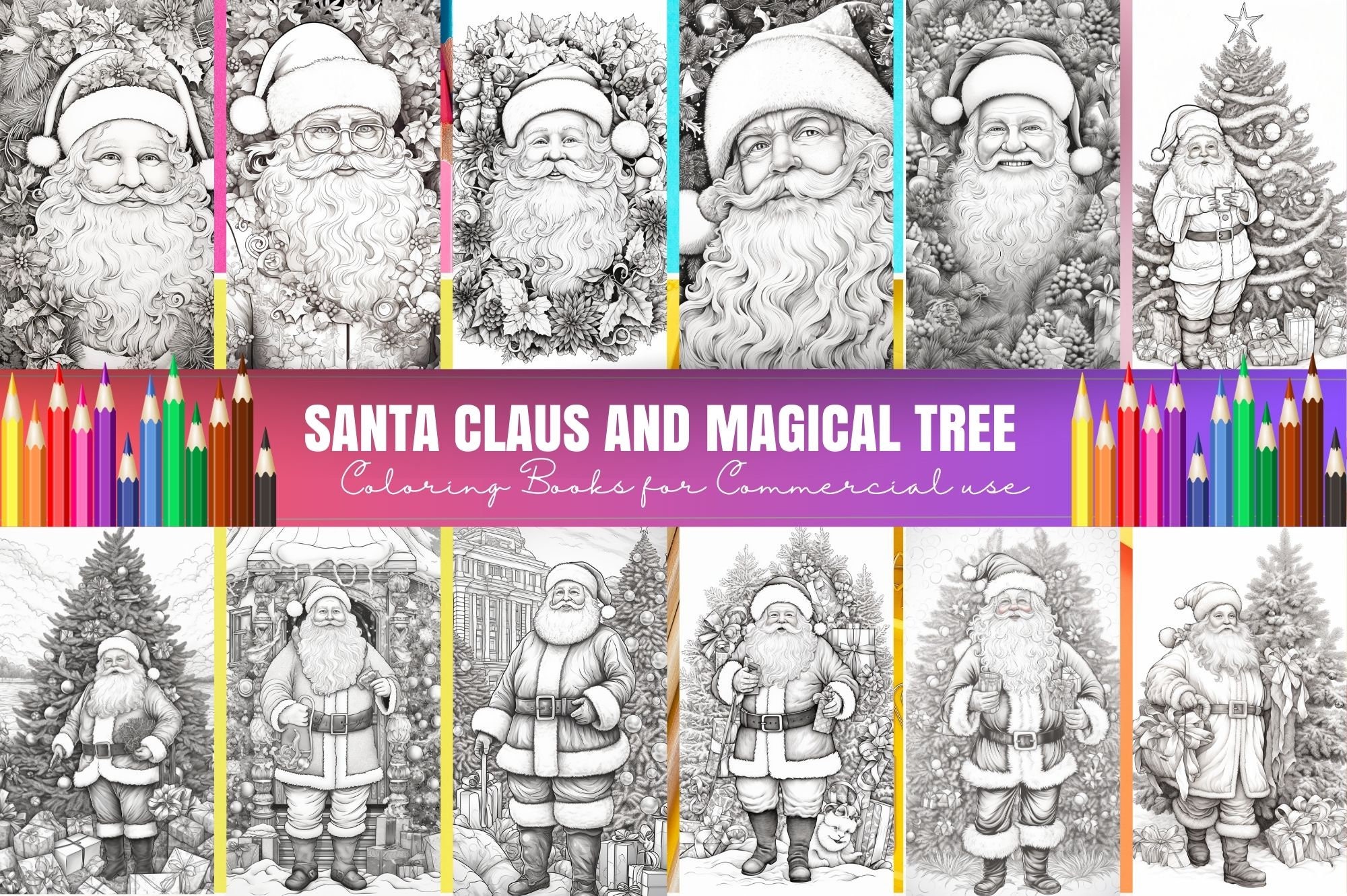 Santa Claus and Magical Tree Coloring Pages, Christmas Tree Instant ...