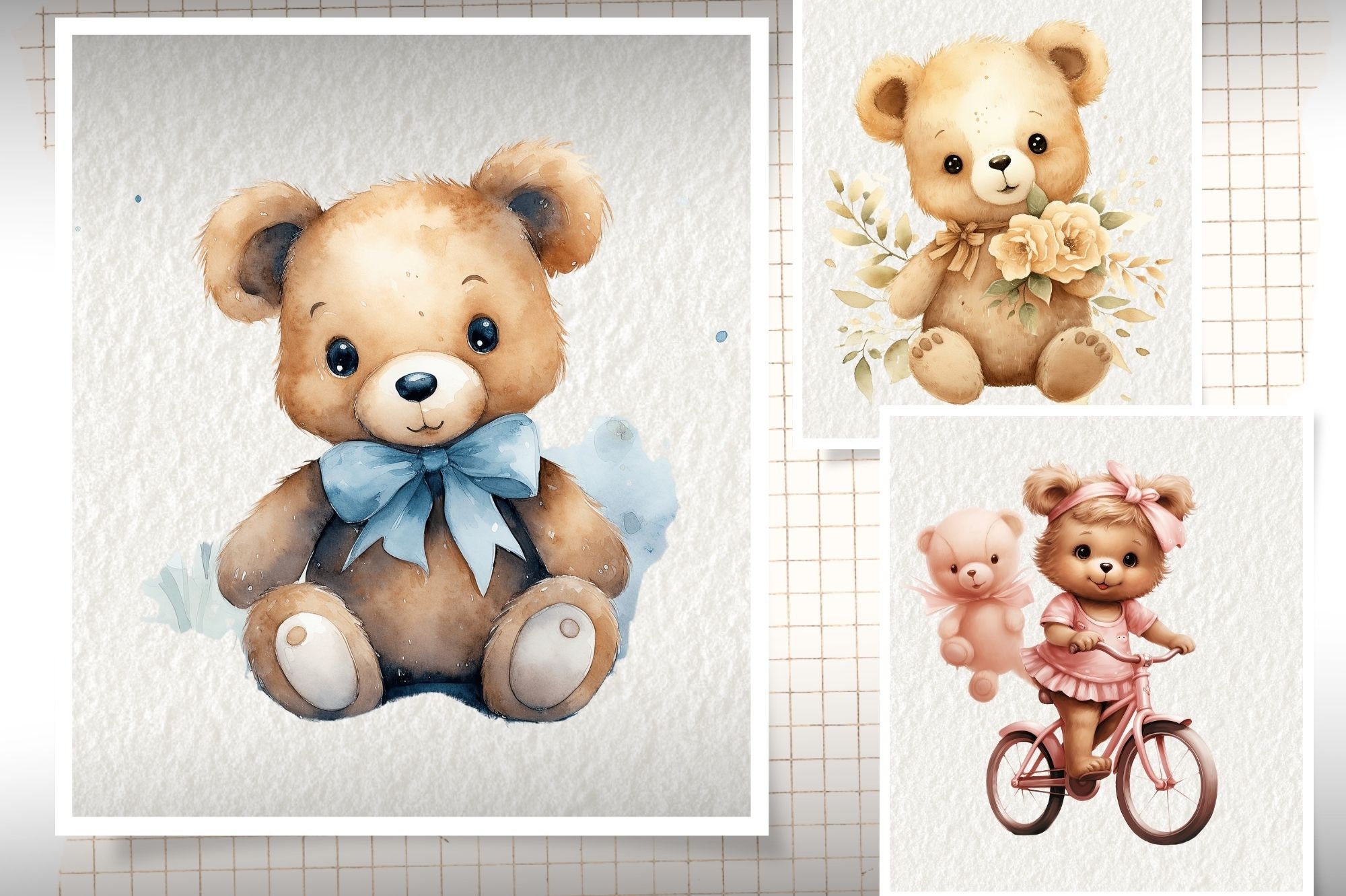Watercolor Teddy Bear Clipart Bundle, Baby Girl Clipart, Baby Shower ...
