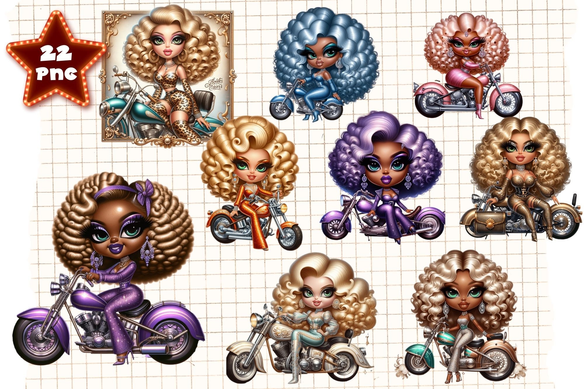 African American Classic Motorbike Chibi Clipart, Chibi Doll Black Girl ...