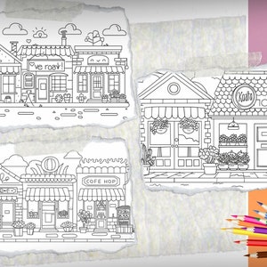 Kawaii Town Storefronts Coloring Pages, Cute for Adults, Printable ...