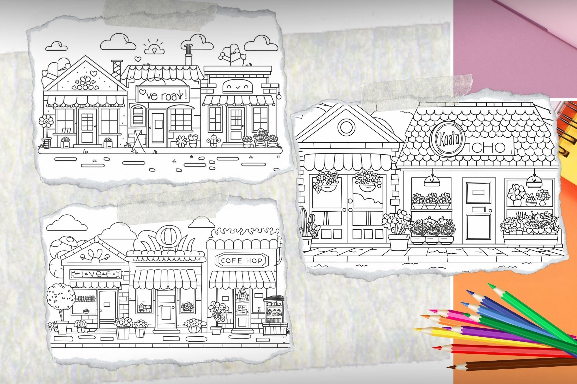 Kawaii Town Storefronts Coloring Pages, Cute for Adults, Printable ...