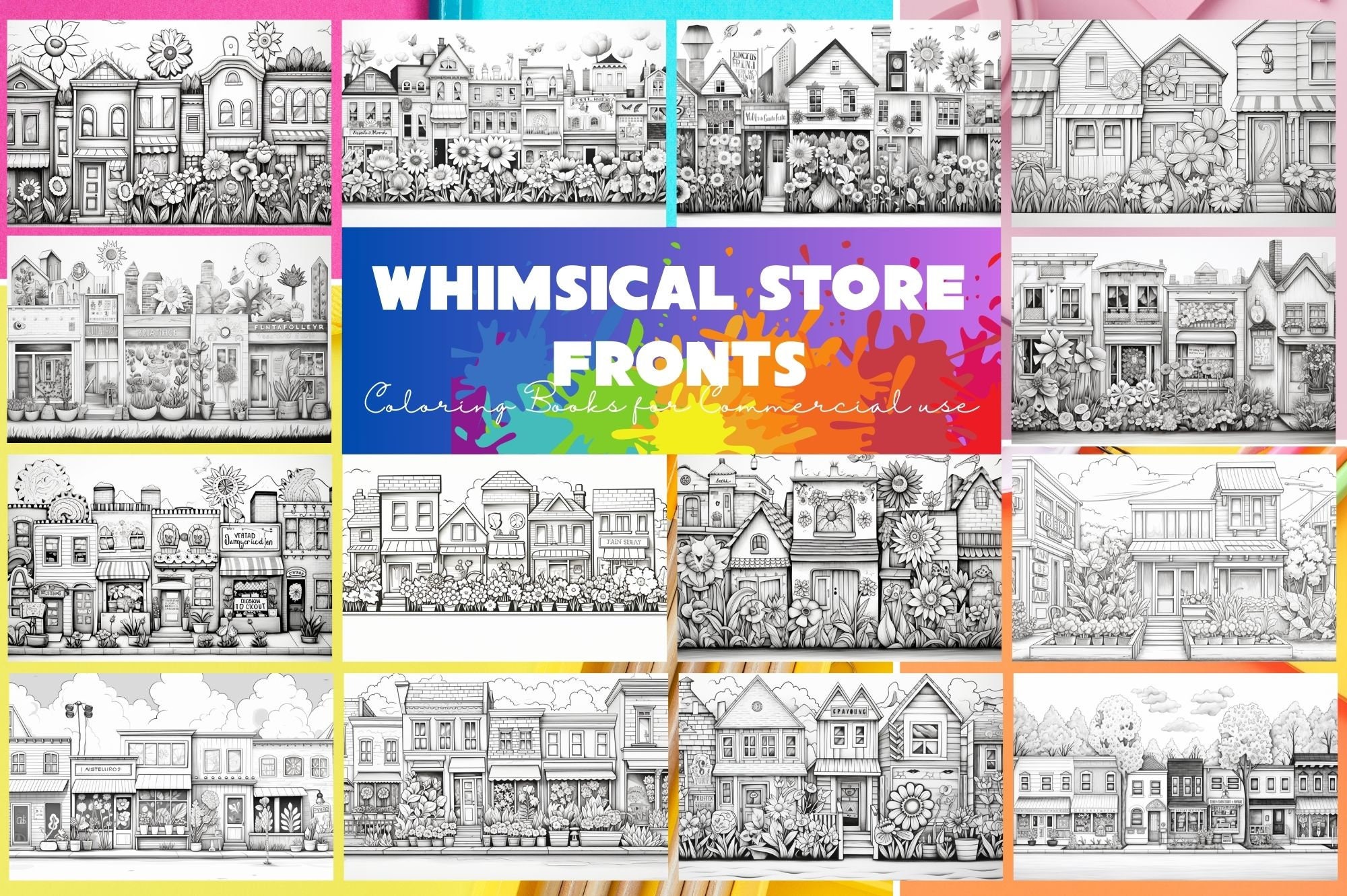 Whimsical Store Fronts Coloring, Adorable Storefront Coloring ...