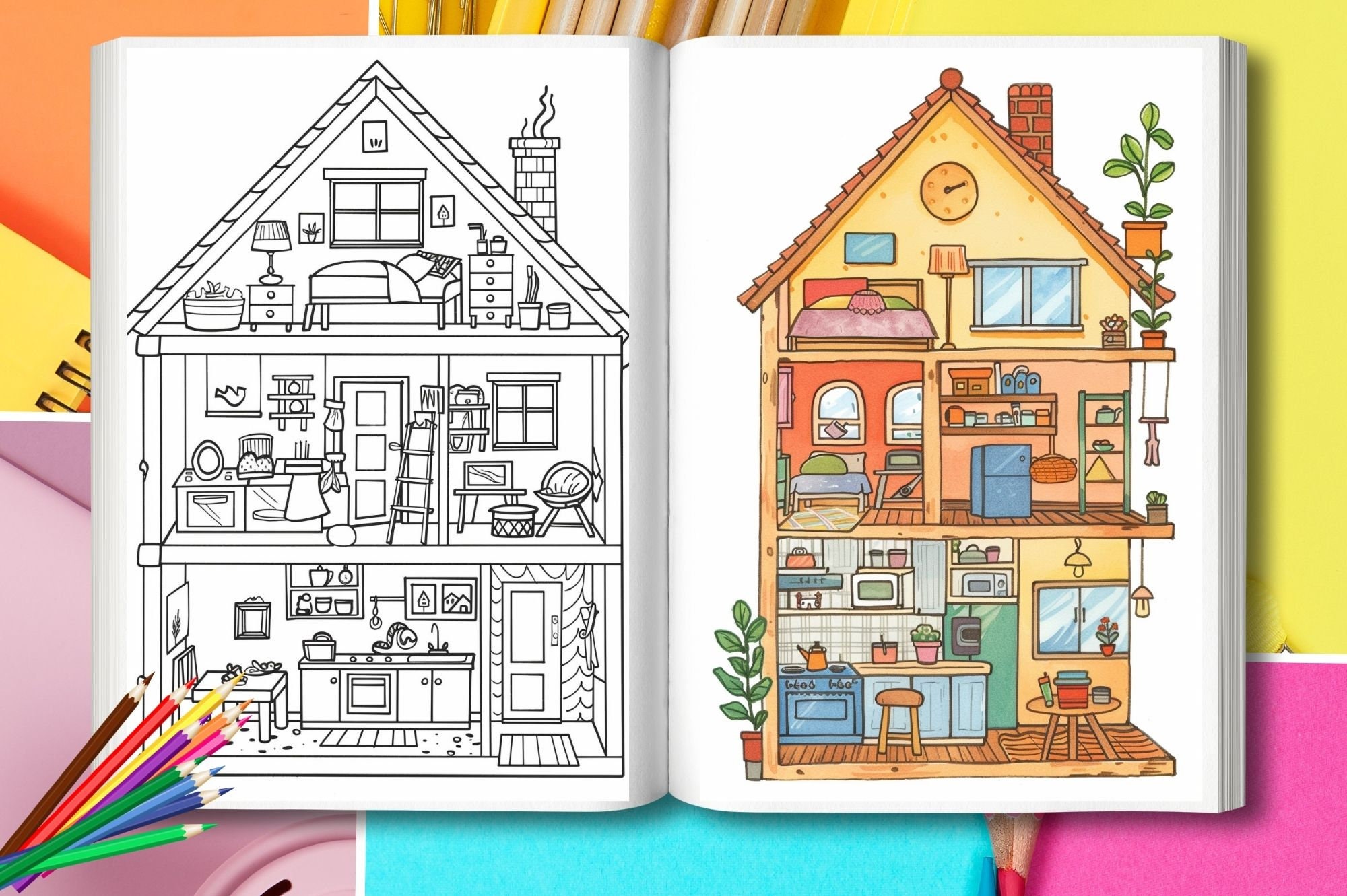 Kawaii Home Cross Section Coloring Book, Interior Design Coloring Book ...