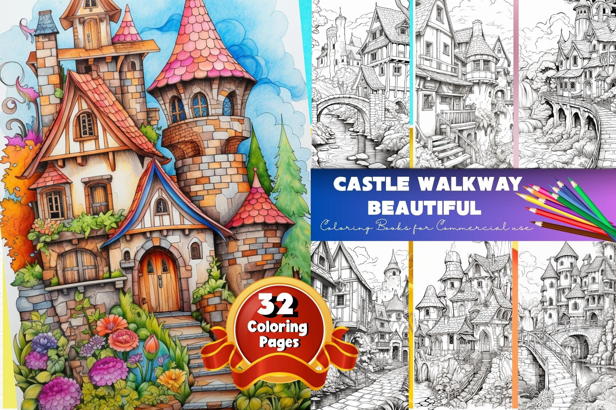 Castle Walkway Coloring Coloring Pages Scottish Castles - Etsy