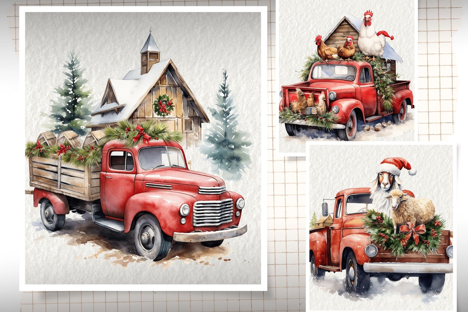 Christmas on the Farm Clipart, Christmas Truck PNG, Watercolor Clipart ...