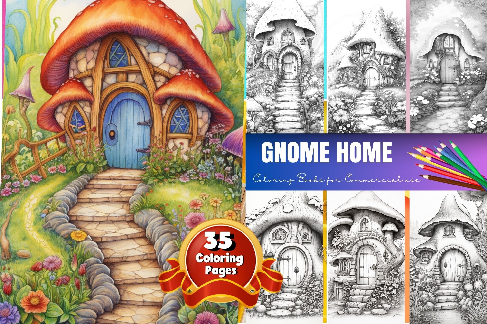 Gnome Homes Coloring Pages, Adults and for Kids for Relax and Stress Relief, Grayscale Coloring ...