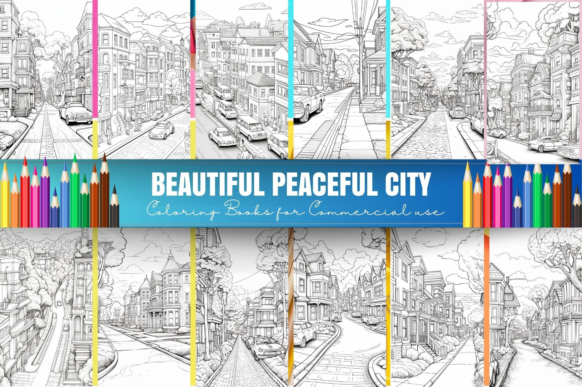 Peaceful City Coloring Pages City Life Coloring Pages Adults - Etsy