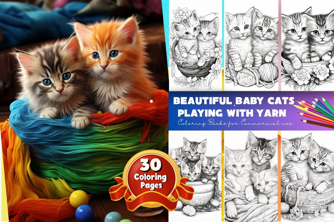 Beautiful Baby Cats Playing With Yarn Coloring Pages, Cute Kitten ...