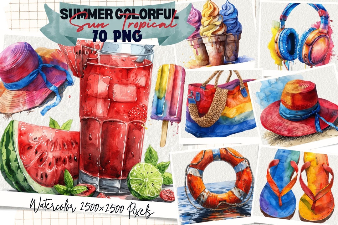 Watercolor Summer Sun Tropical Clipart, Food Drink Clipart, Cute Pool ...