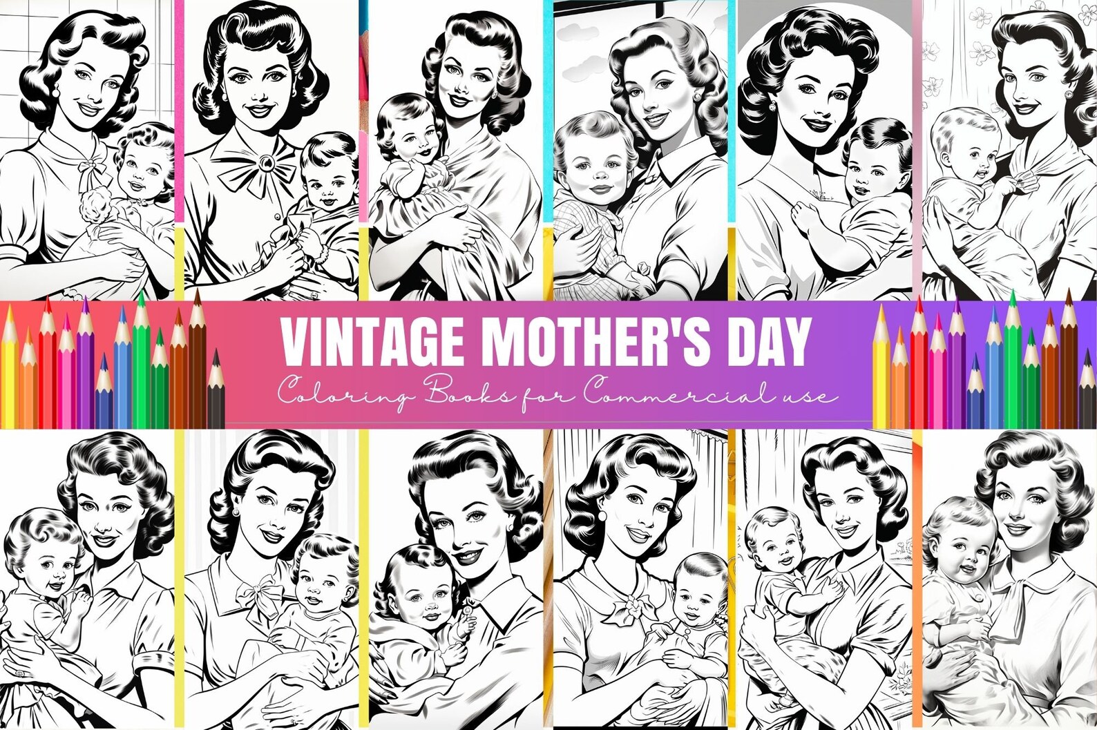 Vintage Mothers Day Coloring Pages, Baby and Mom Coloring, Printable ...