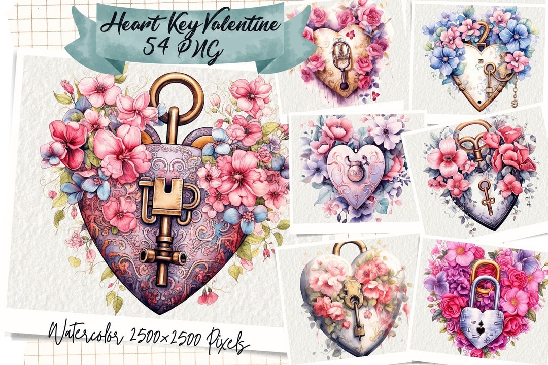 Valentine Heart Lock Clipart, Watercolor Valentine's Day Heart-shaped ...