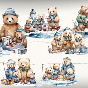 Ice Fishing Bears Watercolor Clipart, Fishing Bear Clipart, Digital ...