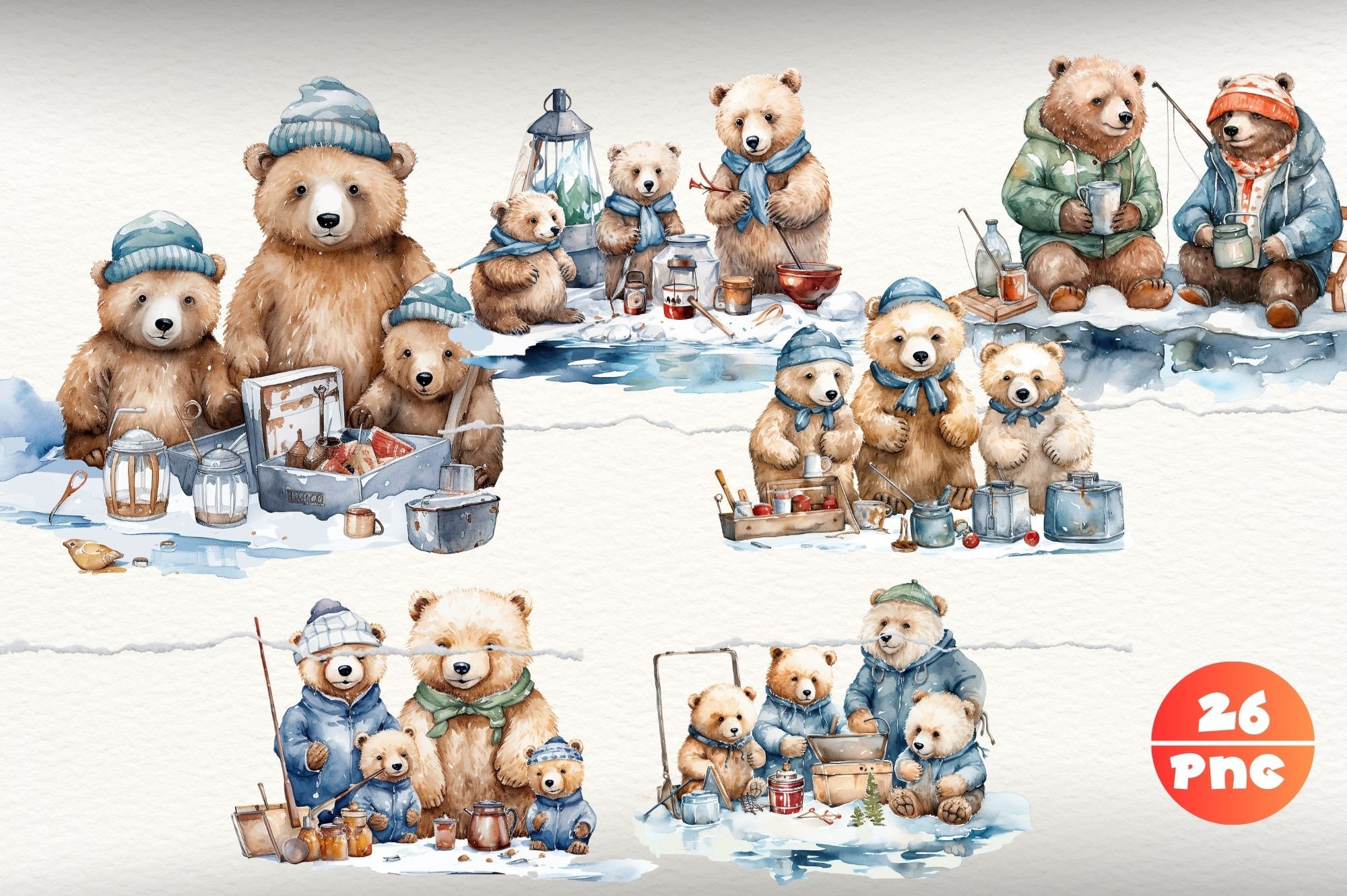 Ice Fishing Bears Watercolor Clipart Fishing Bear Clipart - Etsy