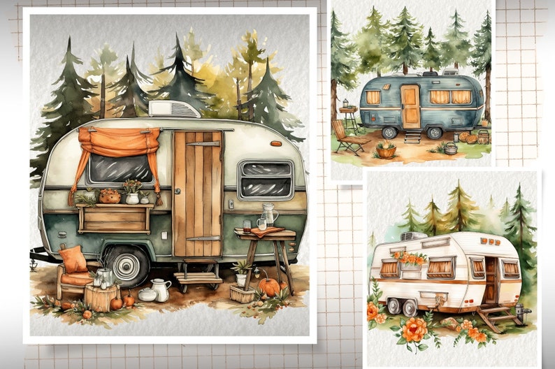 Camping Caravan Watercolor Clipart, Van Life Campers Clipart, Cute ...