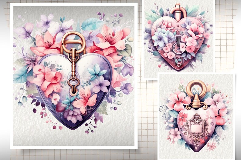Valentine Heart Lock Clipart, Watercolor Valentine's Day Heart-shaped ...