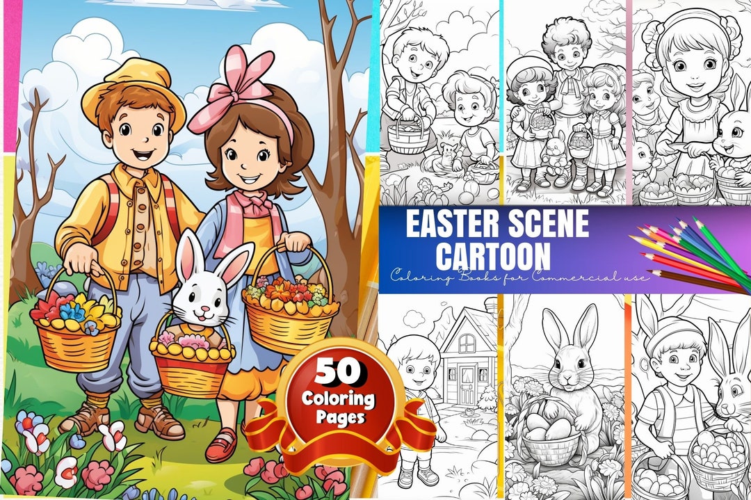 Easter Scene Fun Cute Cartoon Coloring Page, Girl Boy Magic Easter Eggs ...