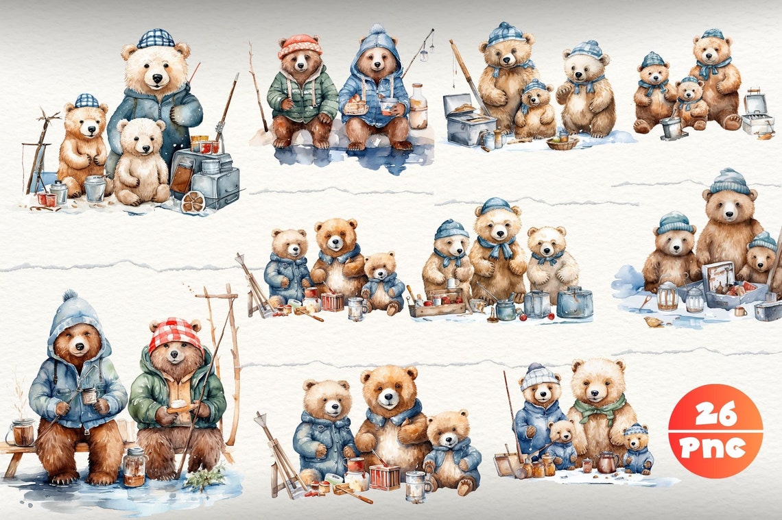 Ice Fishing Bears Watercolor Clipart Fishing Bear Clipart - Etsy