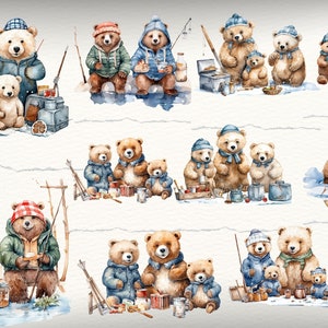 Ice Fishing Bears Watercolor Clipart, Fishing Bear Clipart, Digital ...