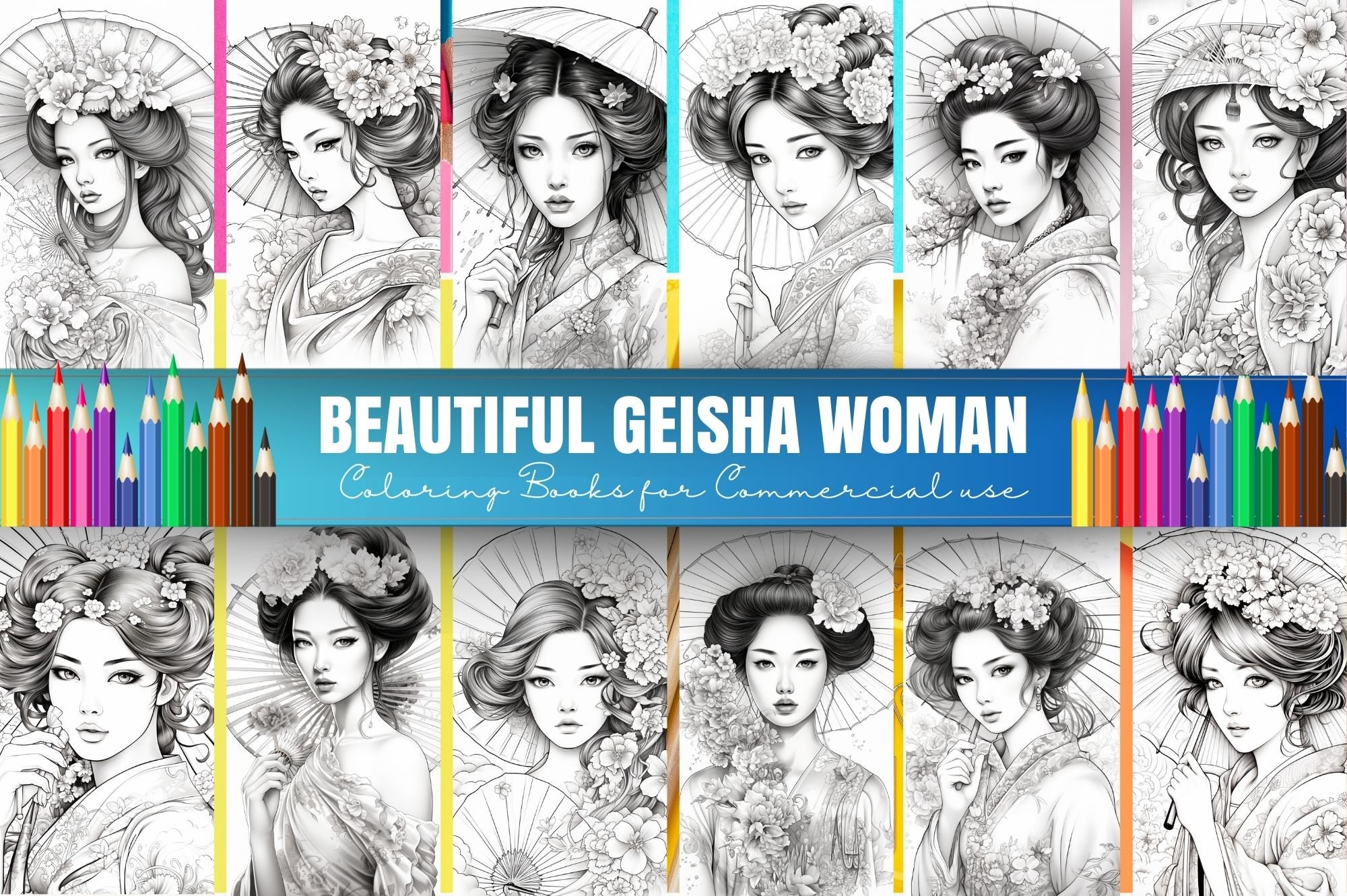 Geisha Coloring Pages, Japan Woman in Flowers, Geisha Kimono Japan ...
