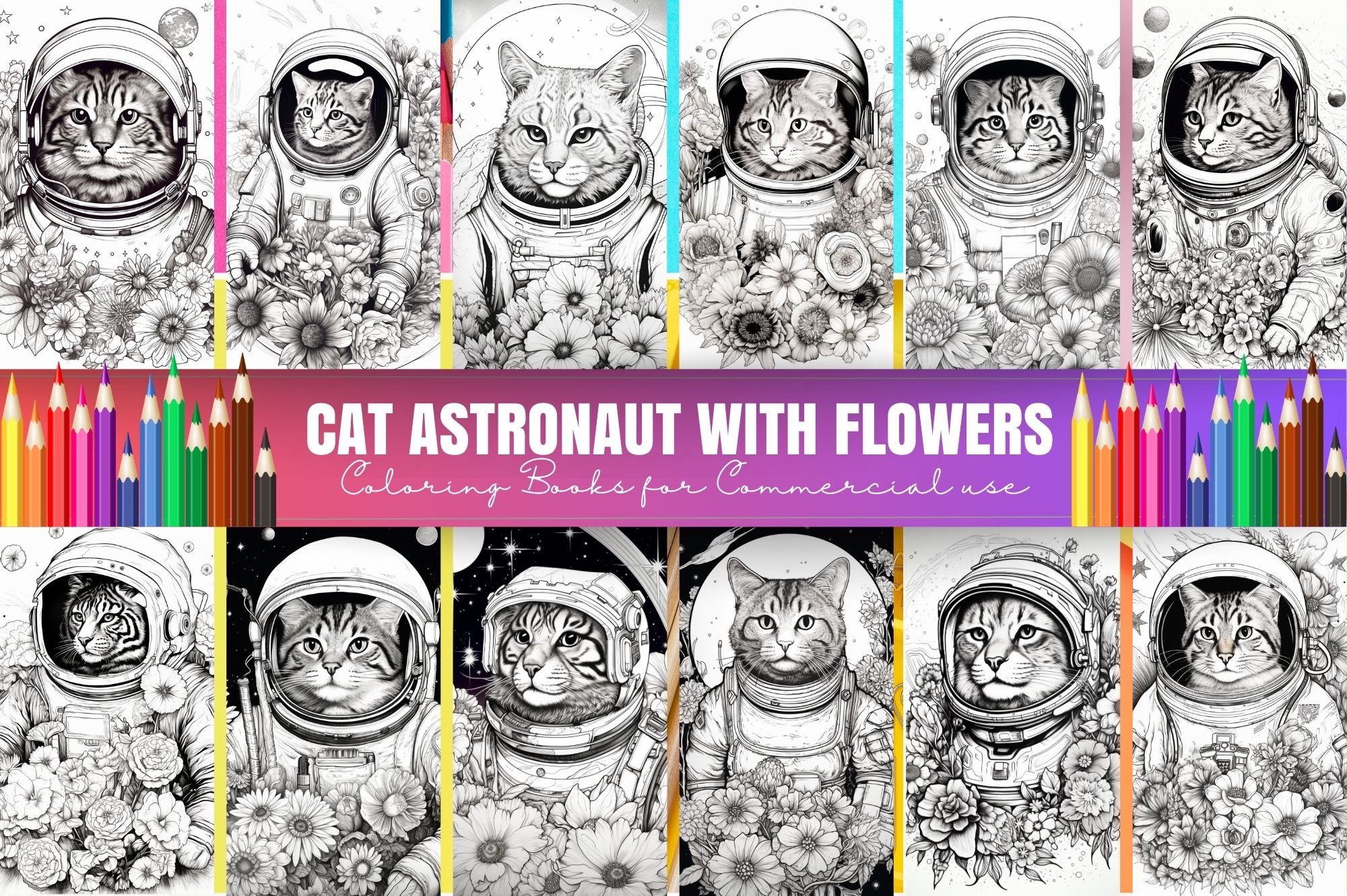 Astronaut Cat Coloring Page, Adults Kids Instant Download grayscale ...